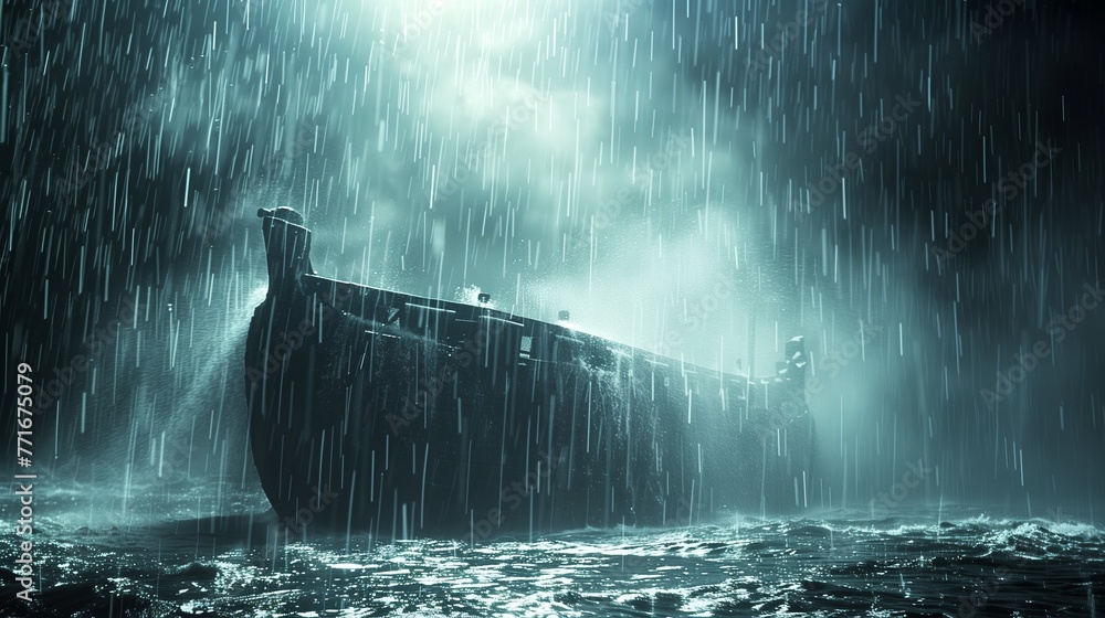 Noah's Ark amidst the pouring rain during the flood. A biblical story ...