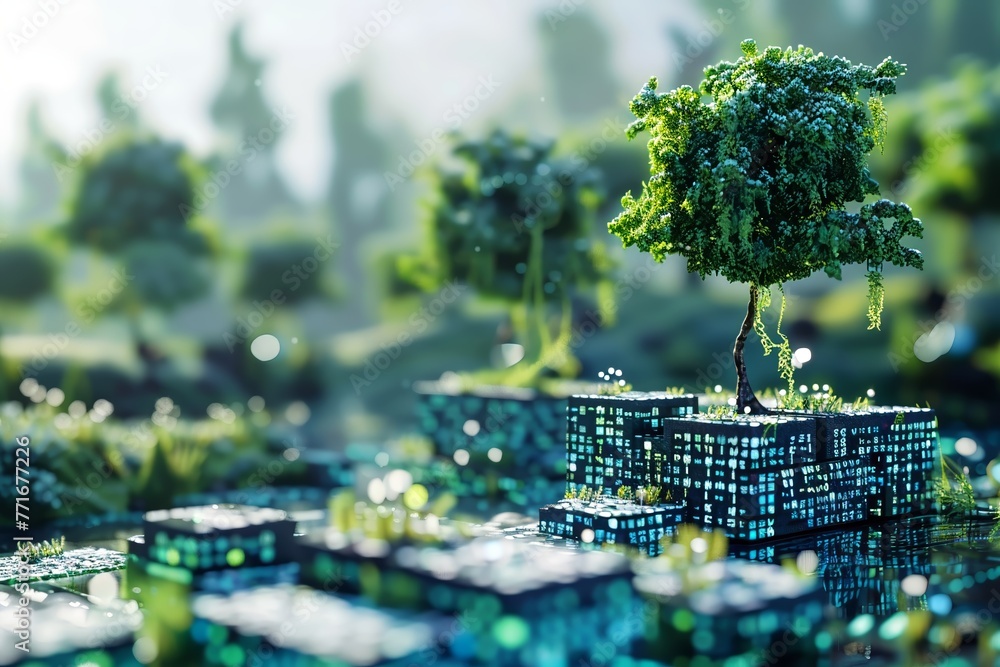 Blocks of code seamlessly blending with natural elements in 3D render ...