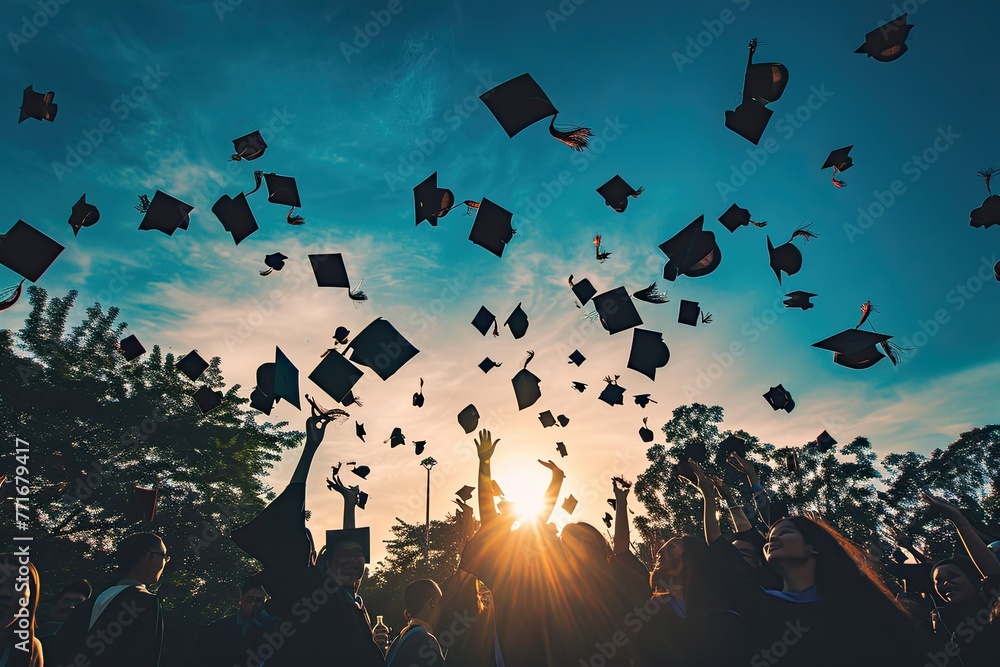 Graduation Party With Hats Thrown In The Air In Celebration Stock Photo ...