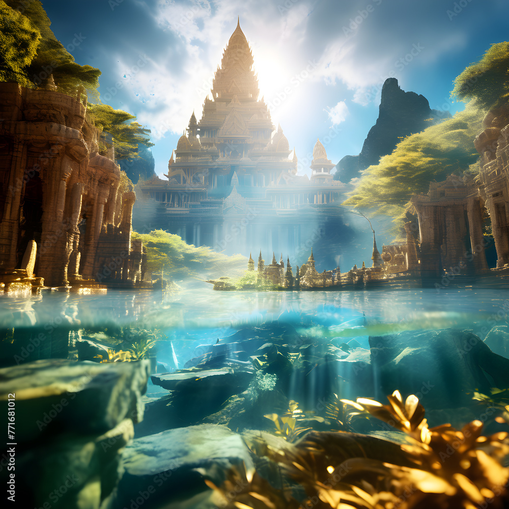 Opulent acient Temple of lost Lemuria civilization bathed in golden ...