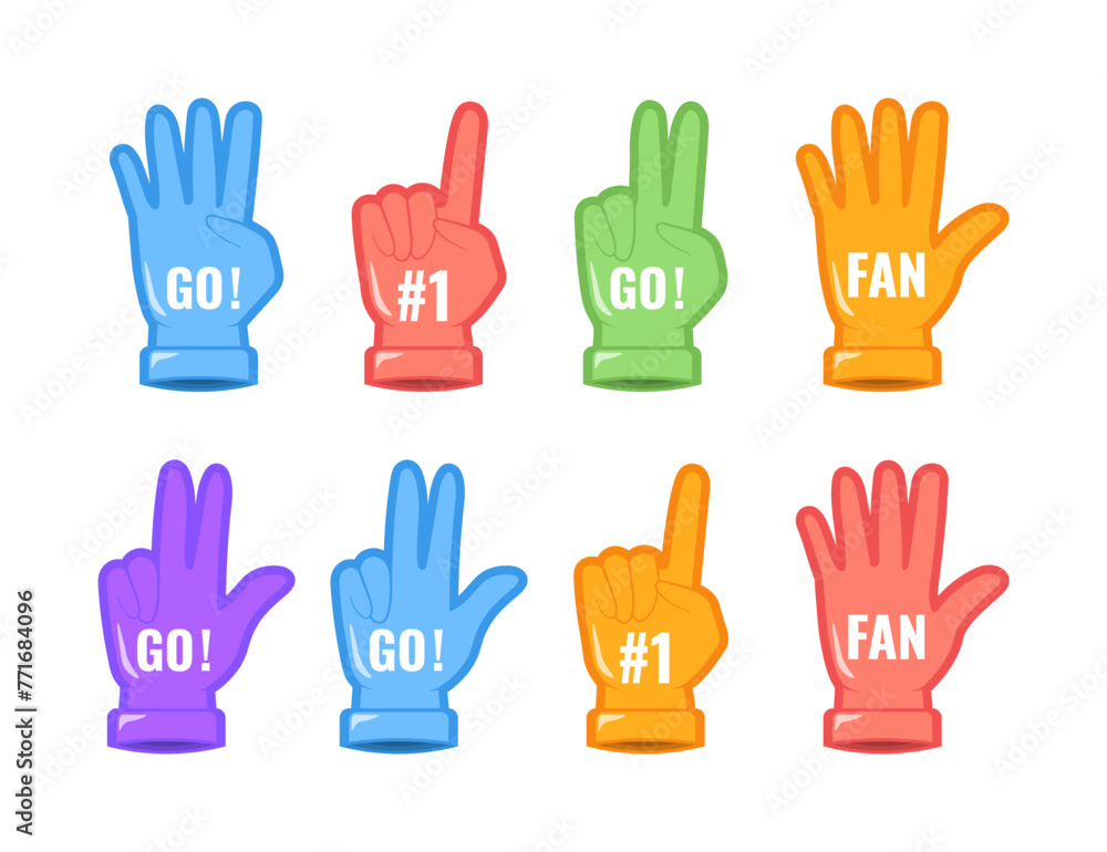 Set of foam hand fingers. Number One and GO design. Sport supporting ...