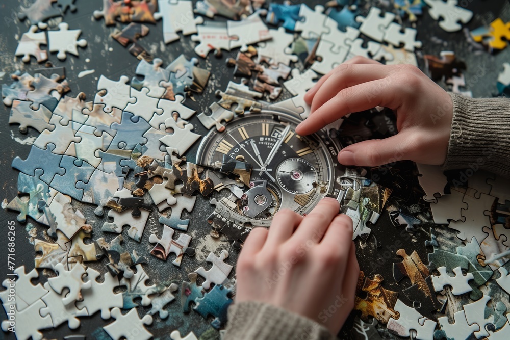Process of piecing together and completing puzzle jigsaw, where each ...