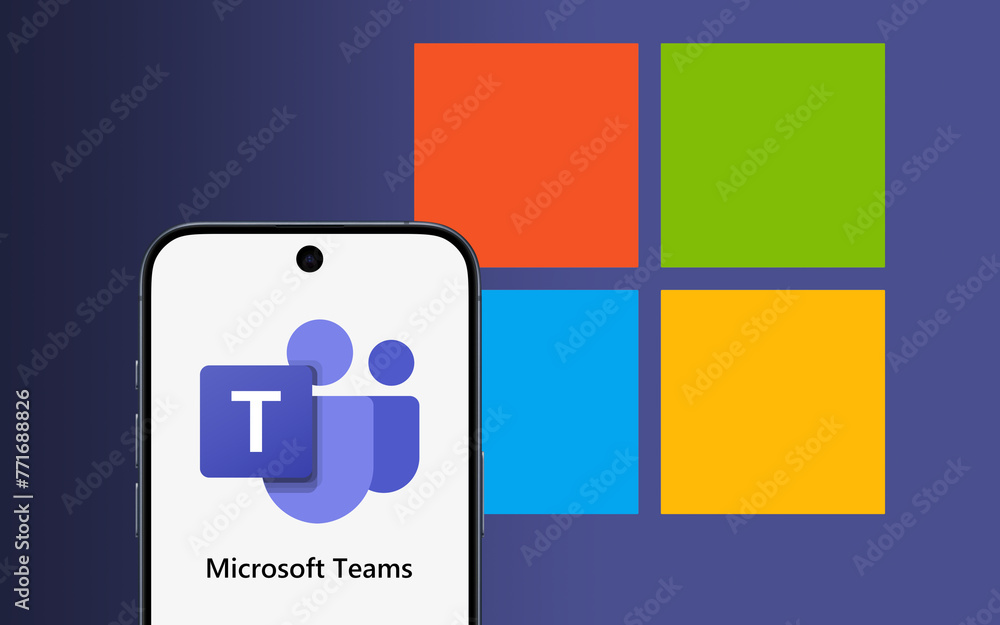 Microsoft Teams logo is displayed on a modern smartphone, purple ...
