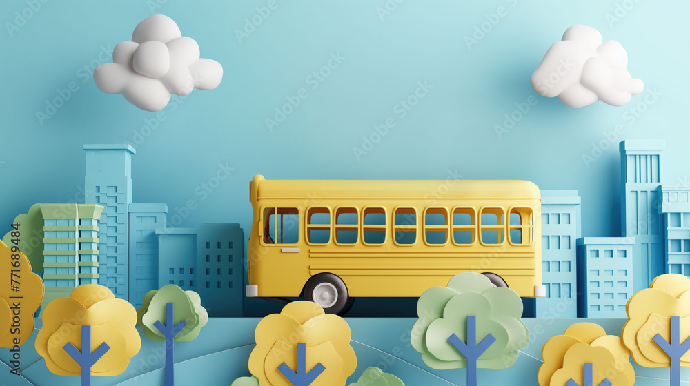 Paper art of school bus running in the city with buildings and trees ...