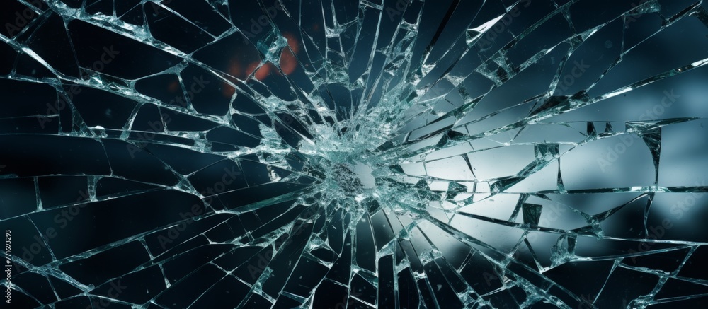 A close up of a shattered glass window in a dimly lit room, reflecting ...