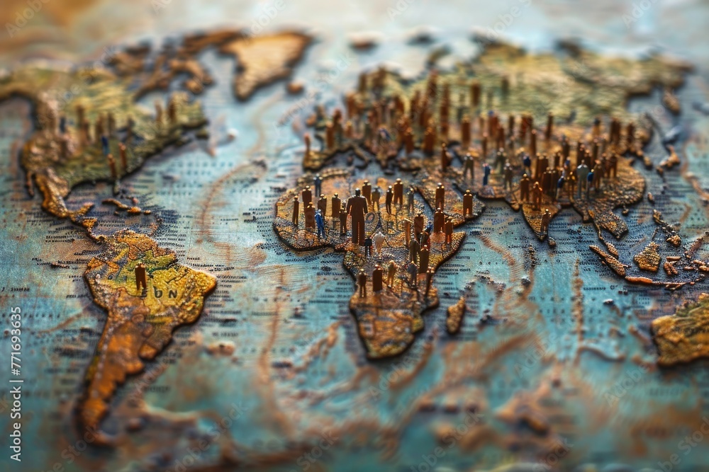 Stunning close-up of a raised relief 3D world map featuring metallic ...