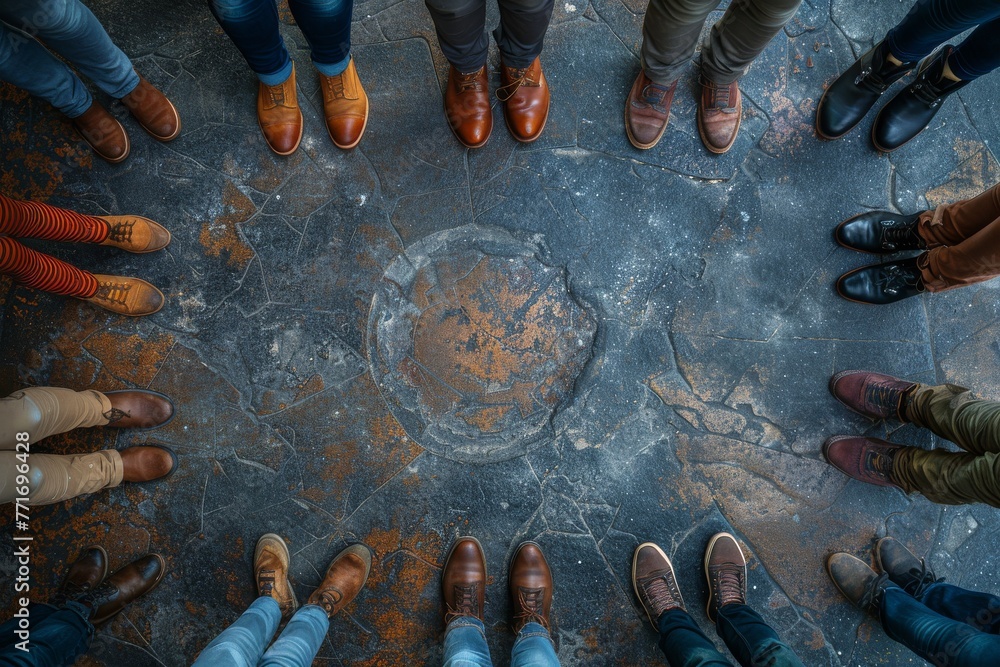 Overhead shot capturing various people's feet forming a circle around ...