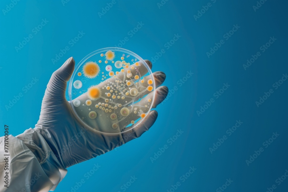 A lab scientist with a gloved hand holds and examines a petri dish with ...
