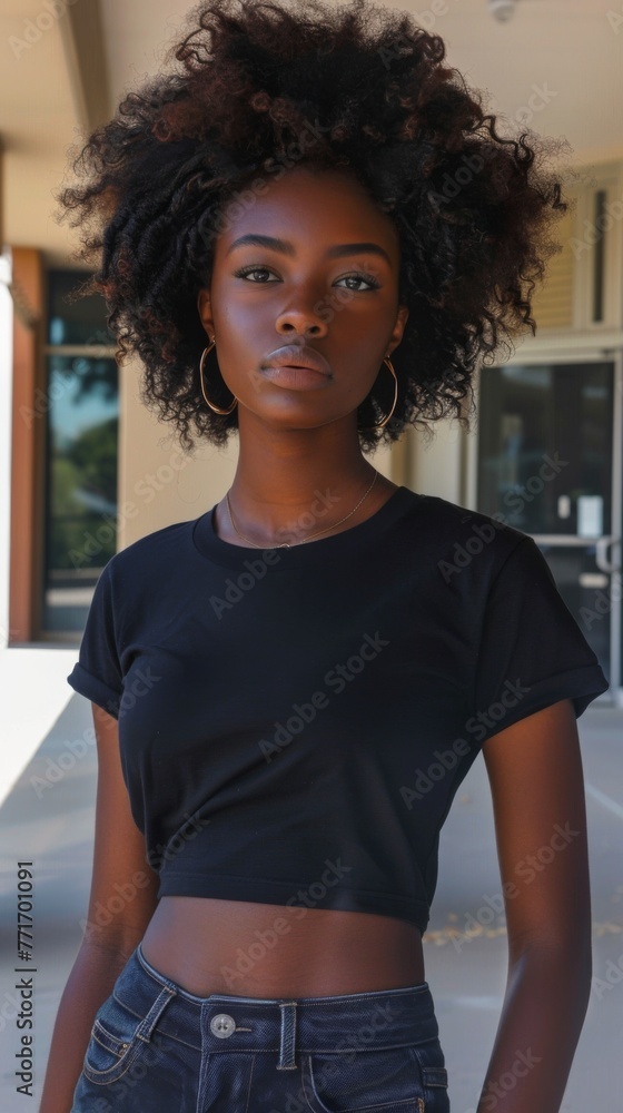 Super dark skin black woman elaborate natural hairstyle, wide hips ...