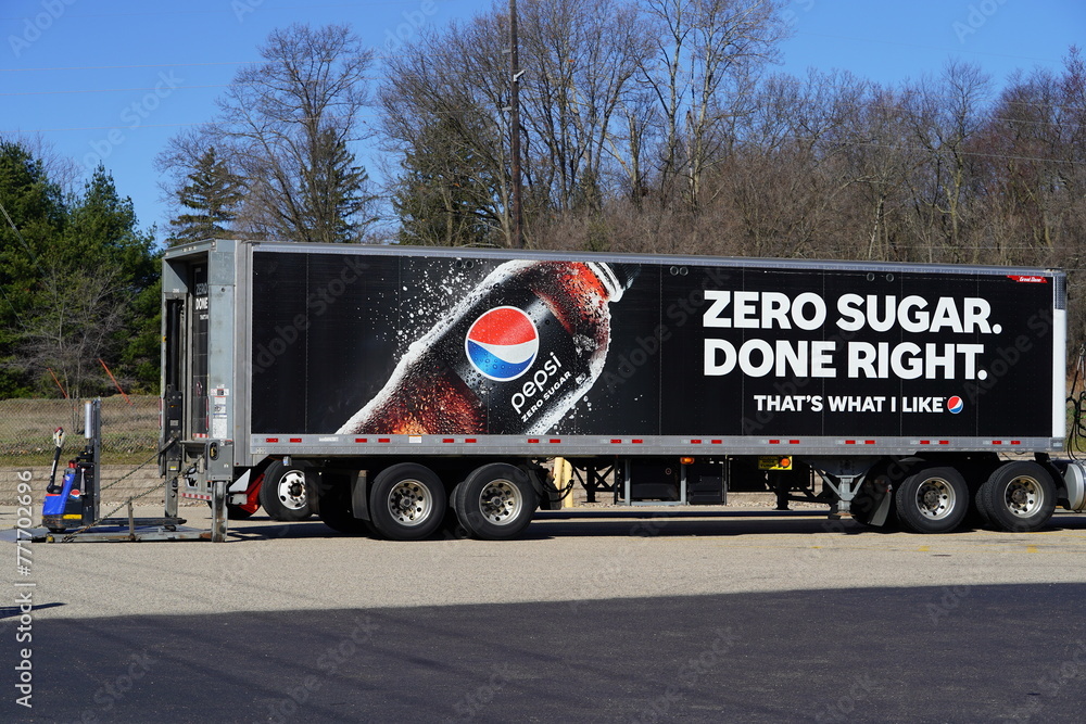Pepsi distribution semi truck dropping off products with the Pepsi Zero ...