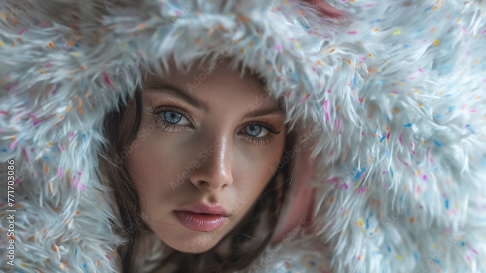 Hübsches Frauen Gesicht im Osterhasen Ohren und Kopfschmuck mit schöner ...