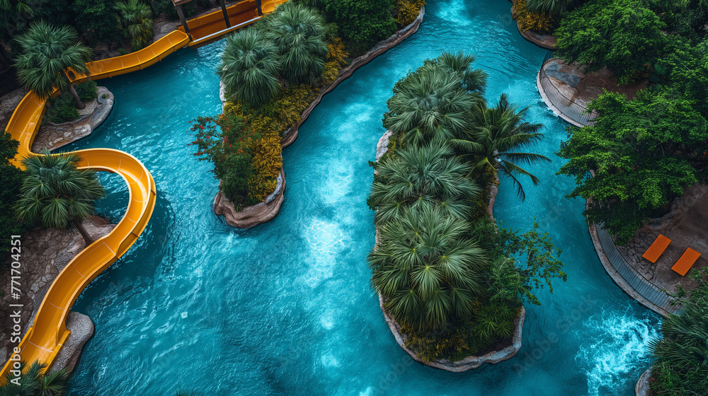 An aerial view of a sprawling aquapark resort with colorful water ...