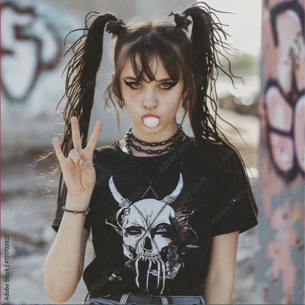 Goth girl wearing metal band t-shirt devil horns hand sign blowing ...
