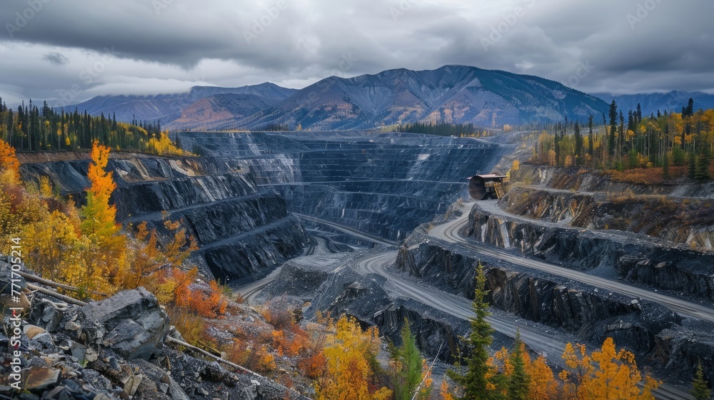 Autumn colors in a vast open pit mine landscape - This vibrant image ...