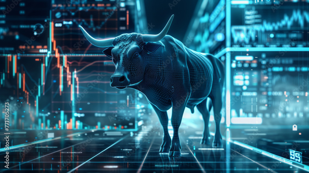 Digital bull on a stock market chart background - A powerful digital ...