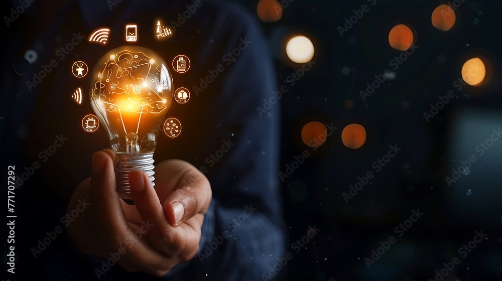 Skills, Knowledge and Ability. Man hand touching light bulb with icons ...