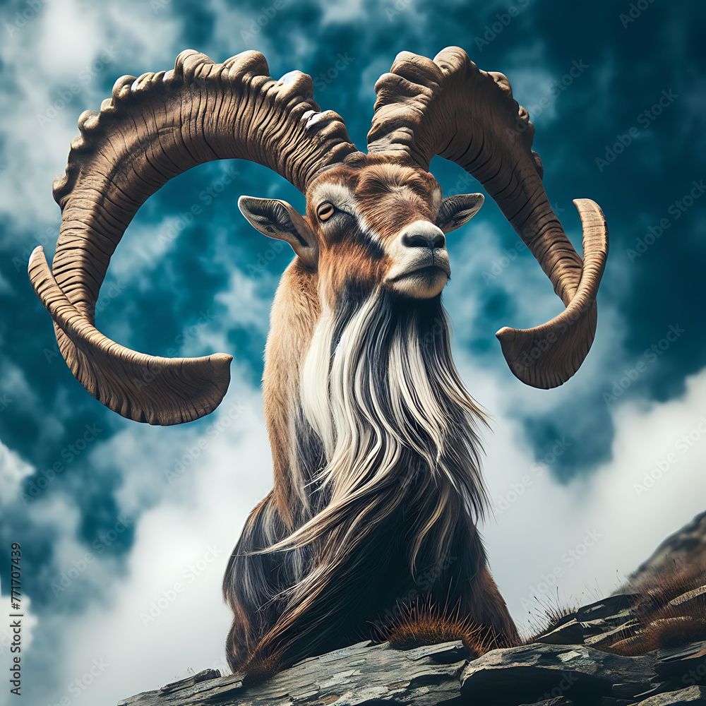 Markhor, Capra falconeri, wild goat native to Central Asia, Karakoram ...