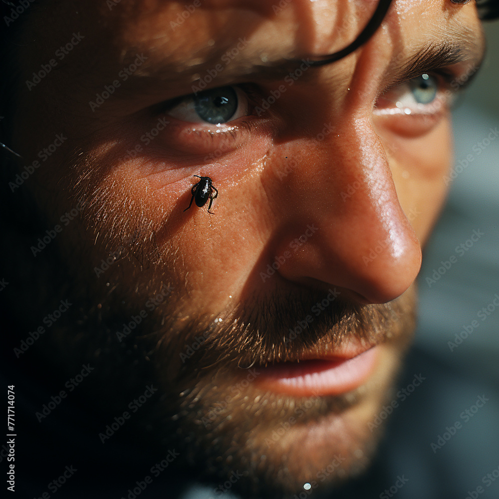 Close-up man face with striking, concentrated gaze. His facial ...