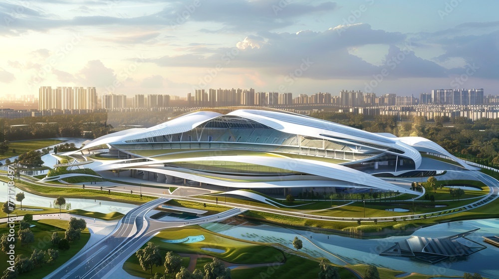 Modern urban stadium nestled in lush parkland. Dynamic sports complex ...