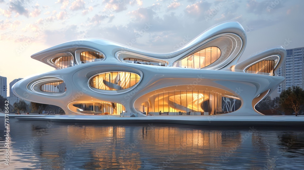 Waterfront futuristic stadium with a sculptural design at dusk. Sleek ...