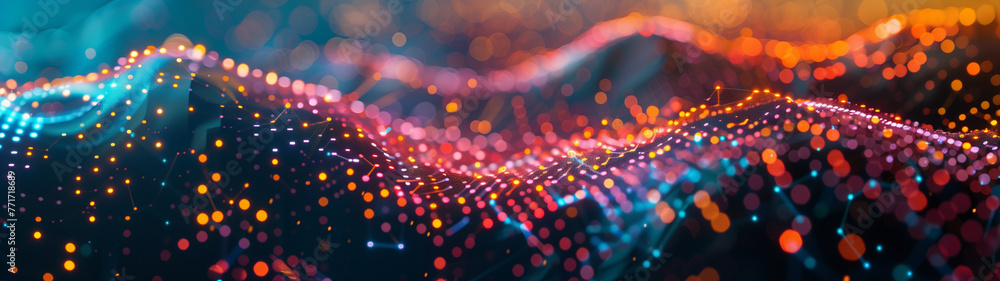 Visualization of a data network using orange and green dots on a wavy ...