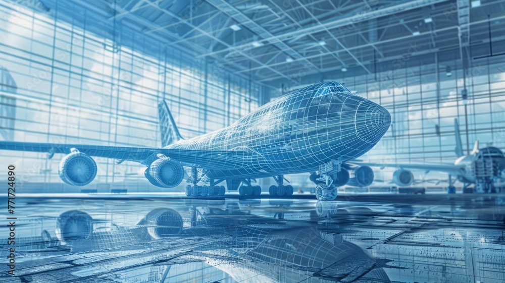 Wireframe airplane in hangar reflecting on floor - Digital wireframe of ...