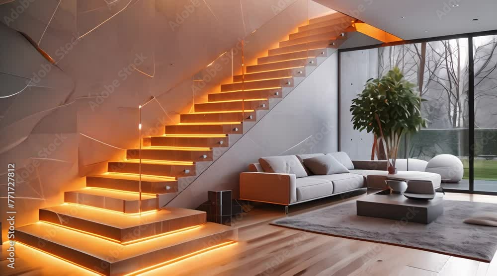 Contemporary Wooden Staircase with Glass Balustrades and Concealed LED ...