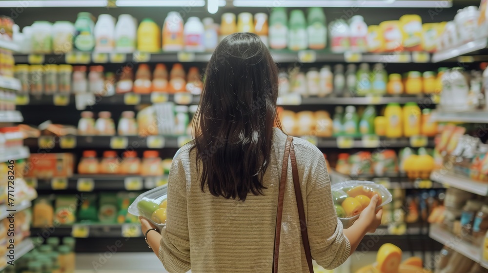 Woman carefully comparing product ingredients on food labels while ...