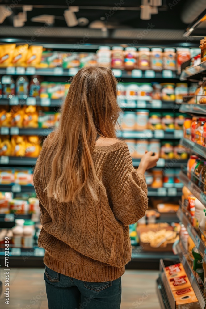 Woman carefully comparing product ingredients on food labels while ...