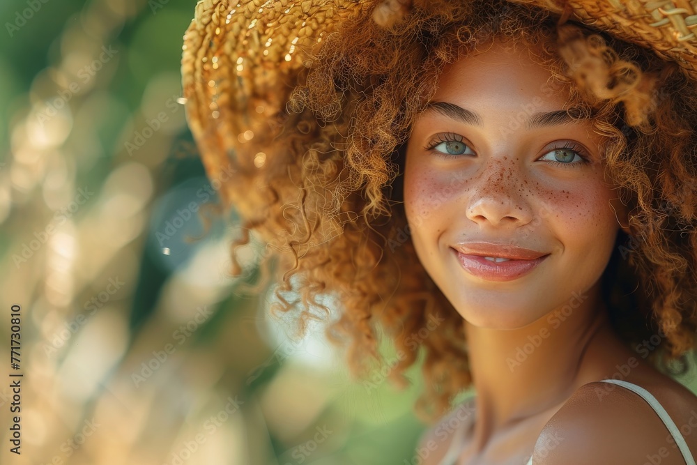 Radiant woman with curly hair and freckles smiles beneath a bohemian ...
