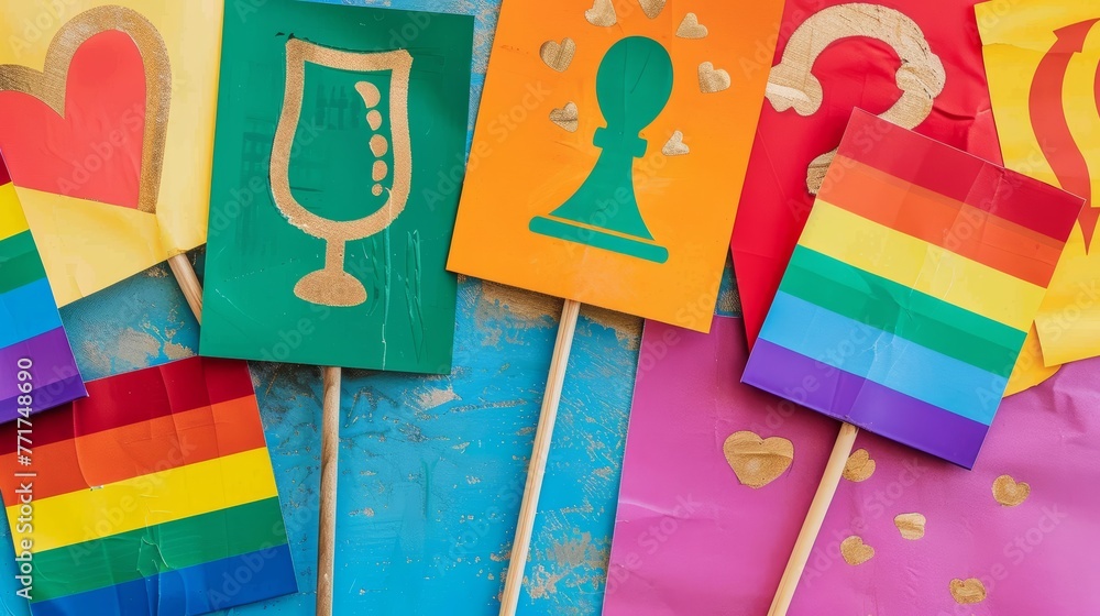 Vibrant pride symbols painted on placards. LGBTQ rights and equality ...