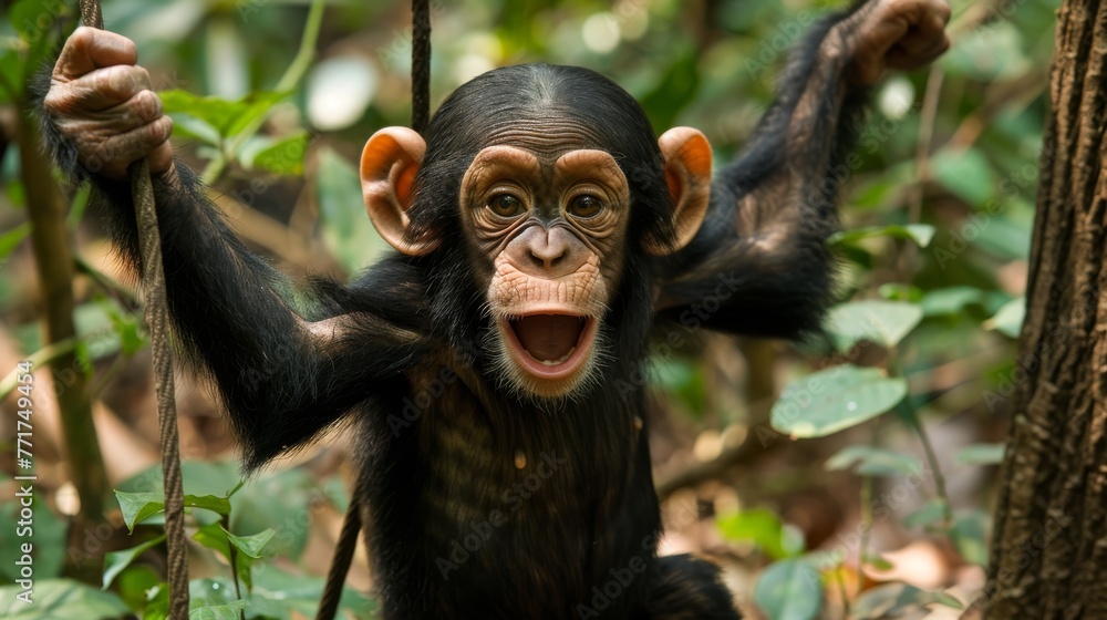 A photo of a monkey sitting on a tree limb, its mouth open wide with ...