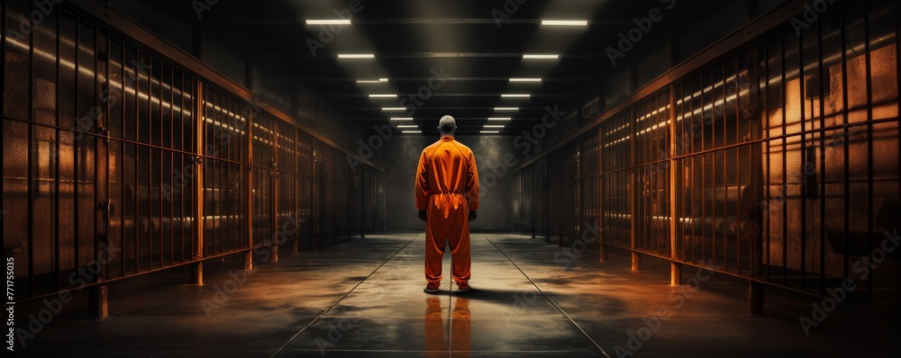 Men prisoner in orange suit lives in prison, banner. Generative Ai ...