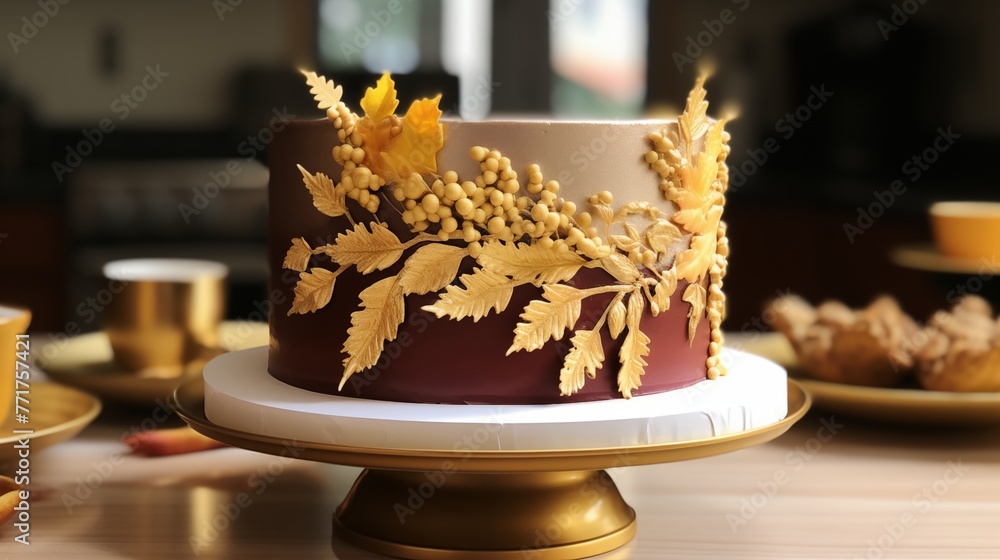 Fall cake decorated with fondant leaves changing color, some dusted ...