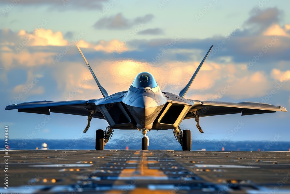 Low angle front view of an F-22 Raptor fighter jet accelerating during ...