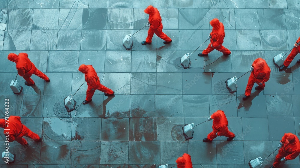 Group of janitors in red uniform cleaning the floor with professional ...