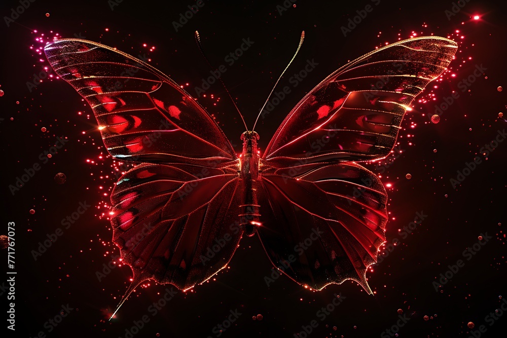 Glowing red butterfly on black background 3D illustration. Glowing red ...
