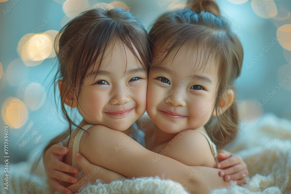 Two Asian twin girls hug, laugh and look at the camera. National ...