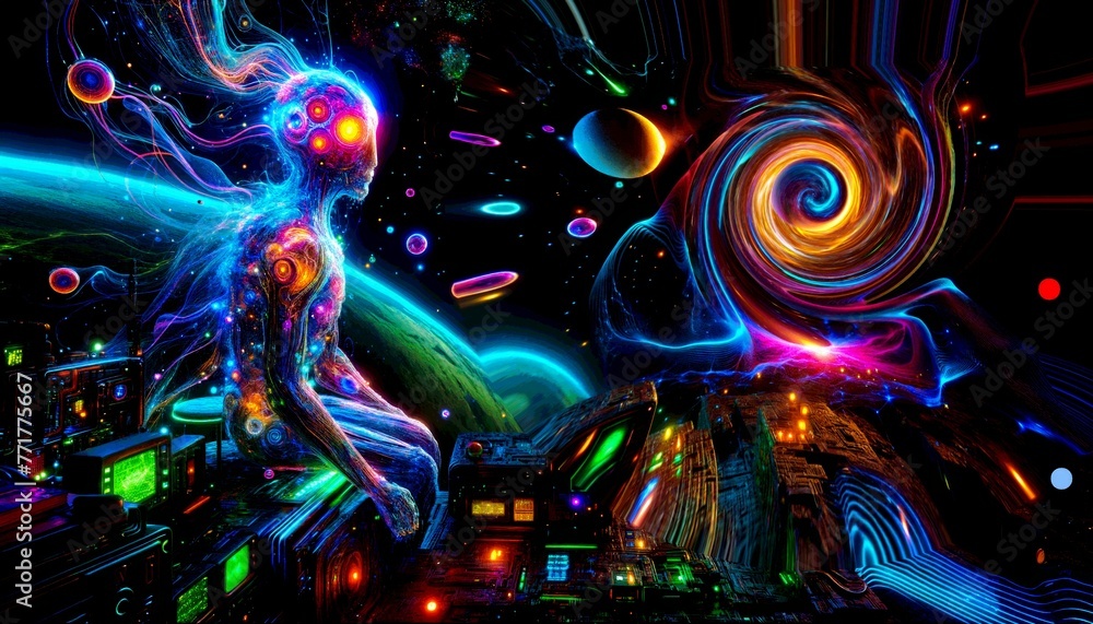 Generative A.I. A vibrant cosmic entity with tendrils of energy floats ...