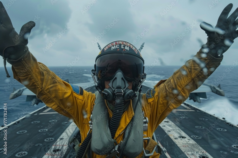 Close-up of fighter jet pilot in flight gear sitting in a cockpit ...