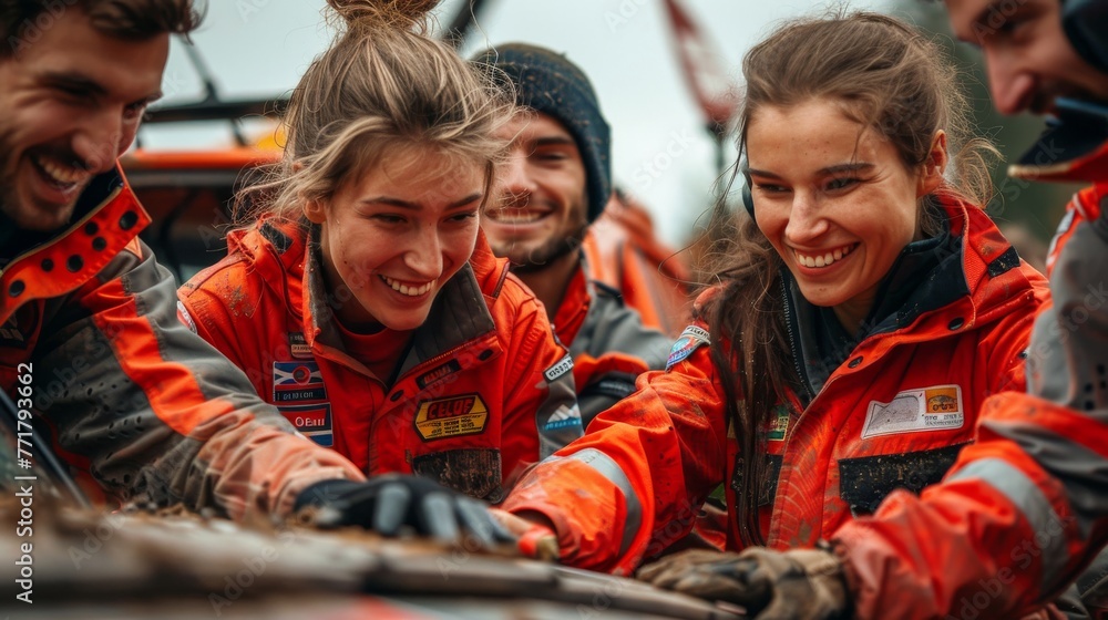 Diverse supporting team in bright uniform pushing a stuck rally car out ...