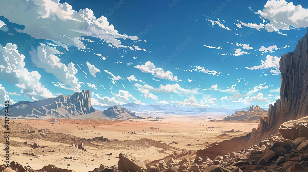 Anime-style desert landscape with majestic mountains in the distance ...