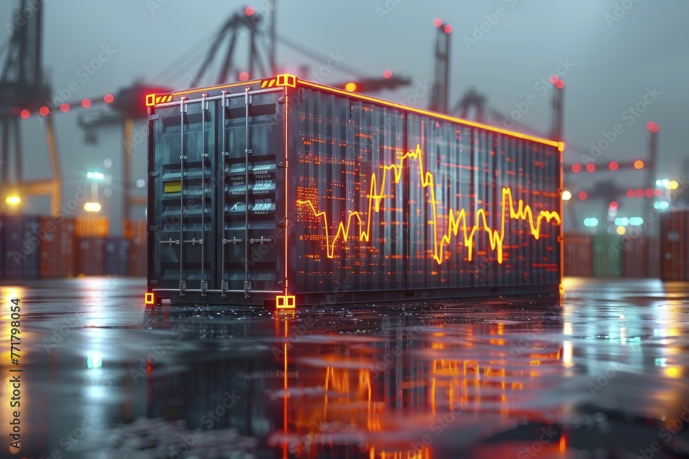 Outline of a shipping container with a glowing profit chart inside, on ...