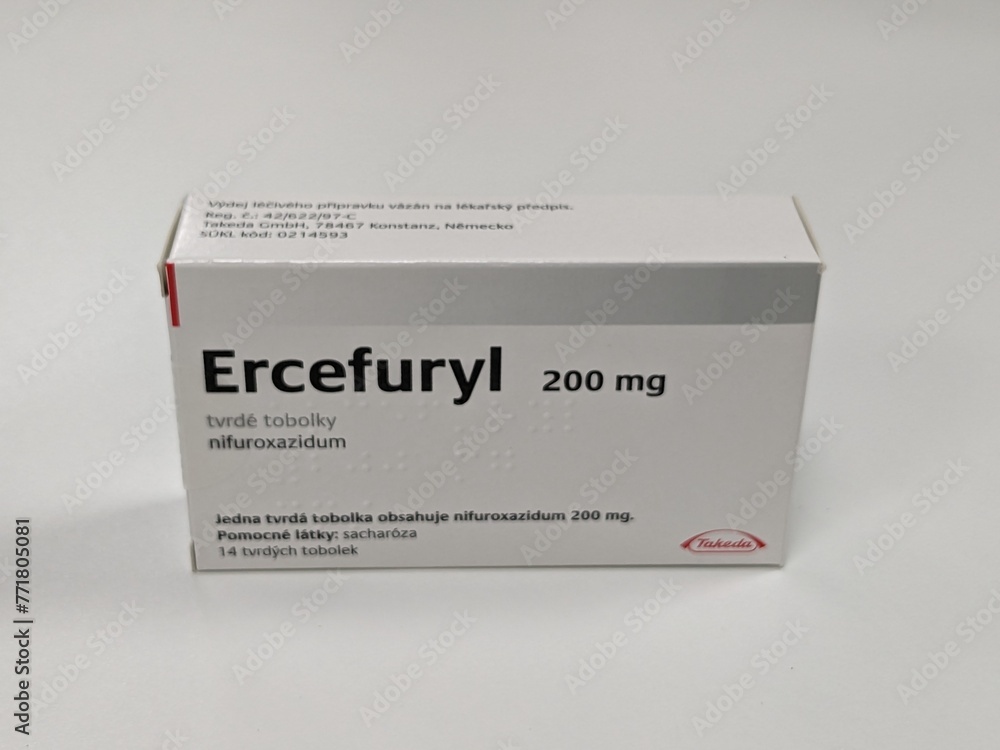 Prague,Czech republic- April 3 2024: box of Ercefuryl medication with ...