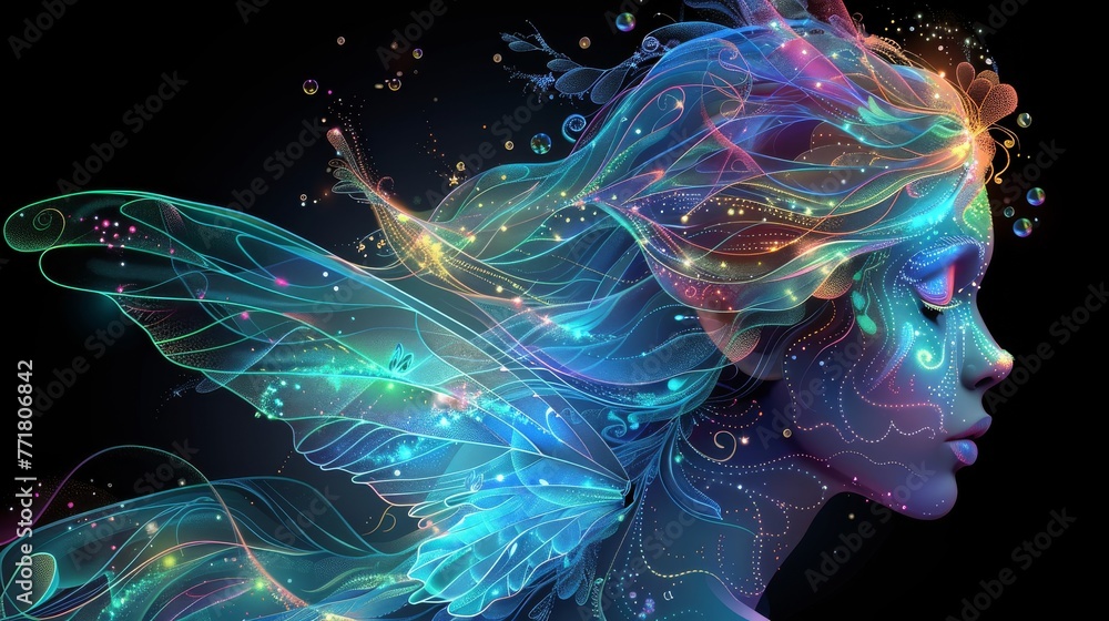 Neon lights trace the silhouette of a mystical fairy, creating a ...