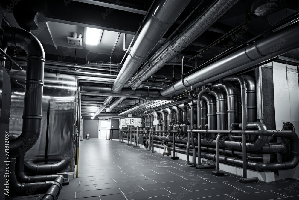 Intricate arrangement of metal air ducts and electrical conduits in a ...