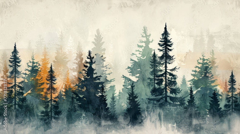 Creative illustration of a series of pine trees with an emphasis on the ...