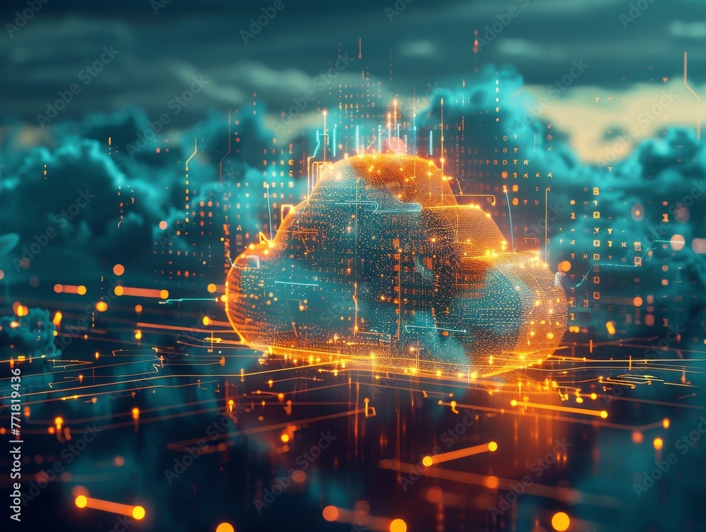 Digital Data Processing In The Virtual Cloud Abstract Background Glowing Digital Cloud With
