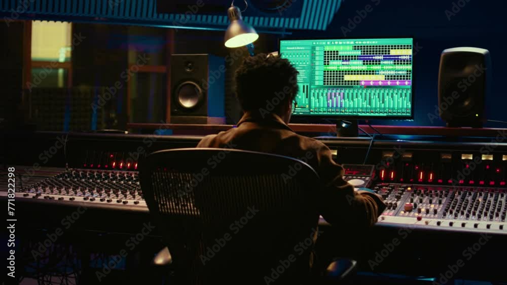 Vidéo Stock African american sound producer editing tracks on audio ...