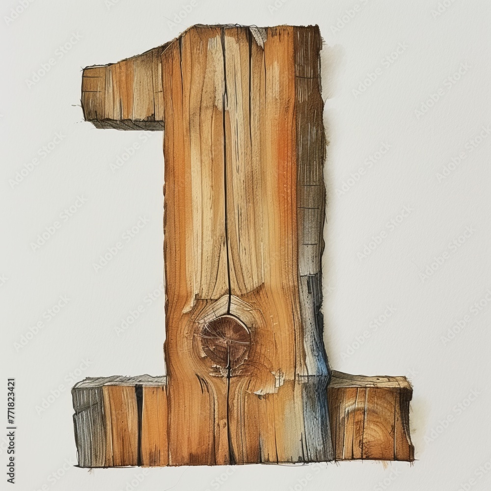 A rustic wood number one on a white background. The number is made from ...